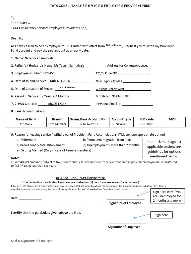 TCS Provident Fund Settlement Application | PDF