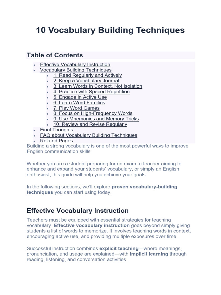 10 Effective Vocabulary Building Techniques | PDF | Vocabulary | Learning