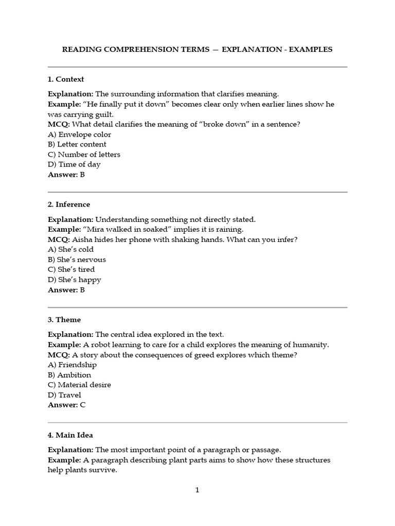 Reading Comprehension Key Terms Explained | PDF | Narration | Metaphor