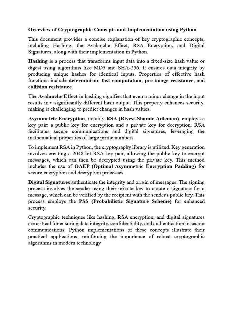 Overview of Cryptographic Concepts and Implementation Using Python | PDF