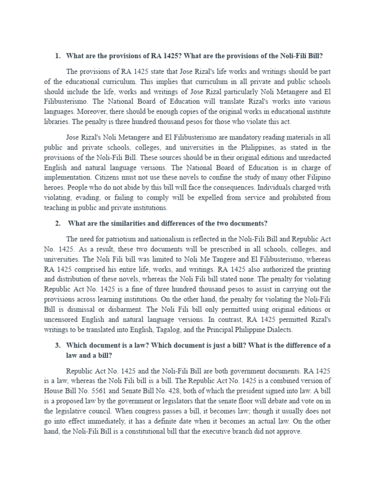 Provisions of RA 1425 and Noli-Fili Bill | PDF | Bill (Law)