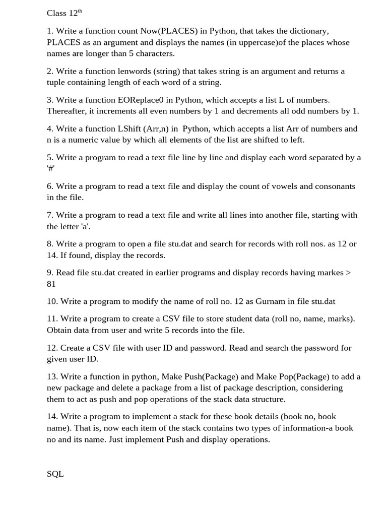 Class 12 Cs Practical Program List 2024-25 | PDF | Databases | Password