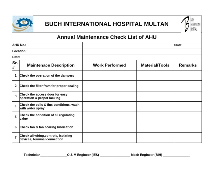 AHU Maintenance Checklist for BUCH Hospital | PDF