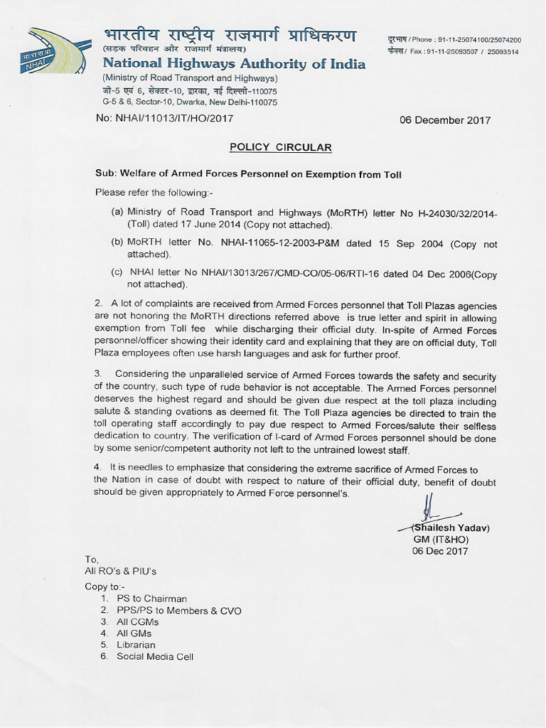 Armed Forces Exemption From Toll Policy Circular | PDF