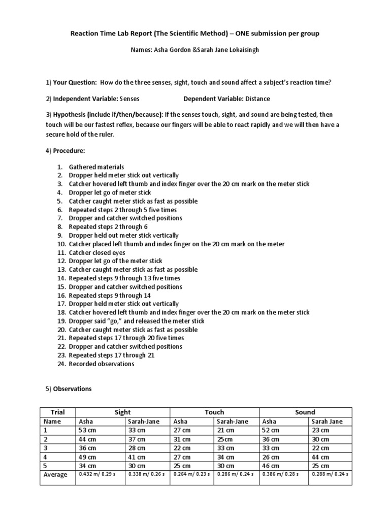 Reaction Time Lab Report | PDF | Experiment | Mental Processes