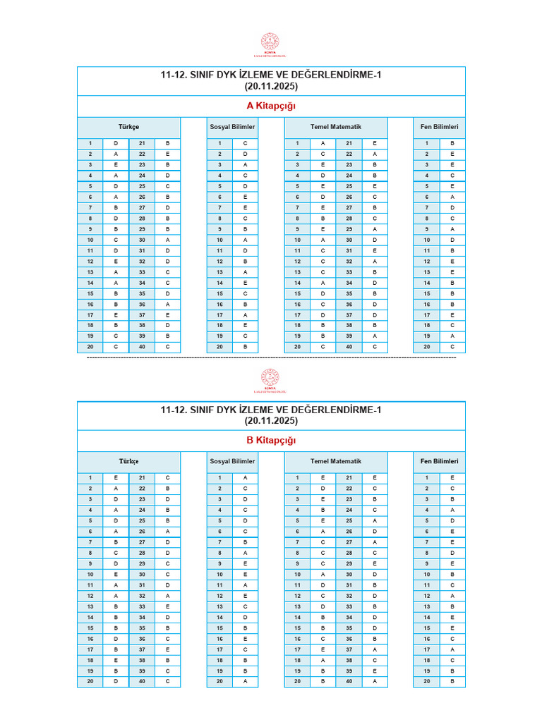 20_11_2025_11_12_SINIF_DYK_İZLEME_VE_DEĞERLENDİRME_1_Cevap_Anahtarı | PDF