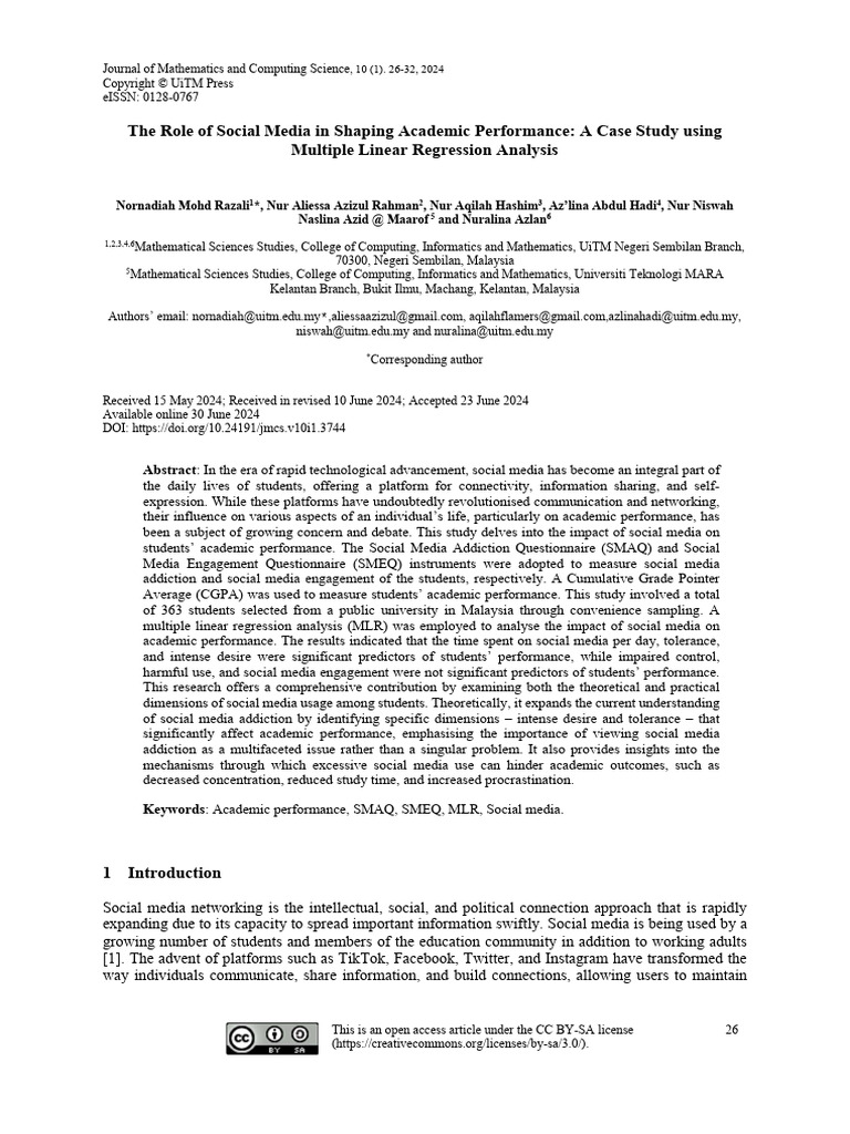 The Role of Social Media in Shaping Academic Performance: A Case Study Using Multiple Linear ...