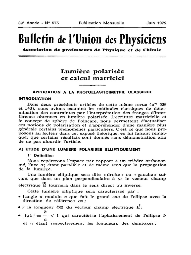 Lumière Polarisée et Photoélasticimétrie | PDF | Ellipse | Polarisation ...