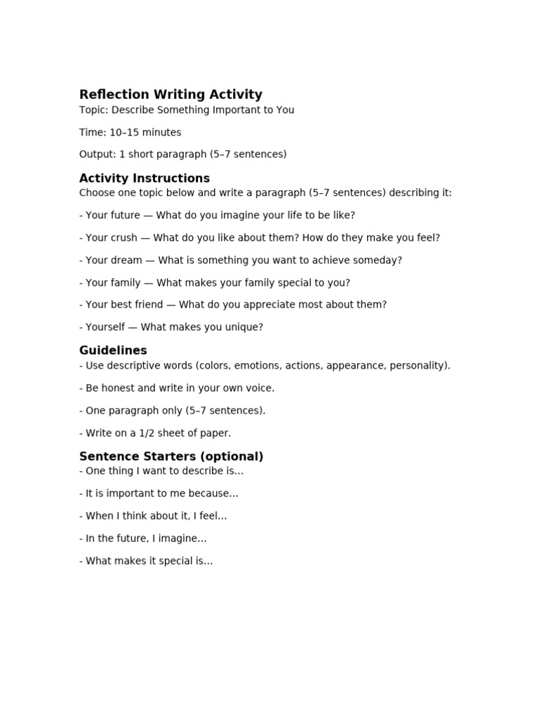Reflection Writing Activity | PDF
