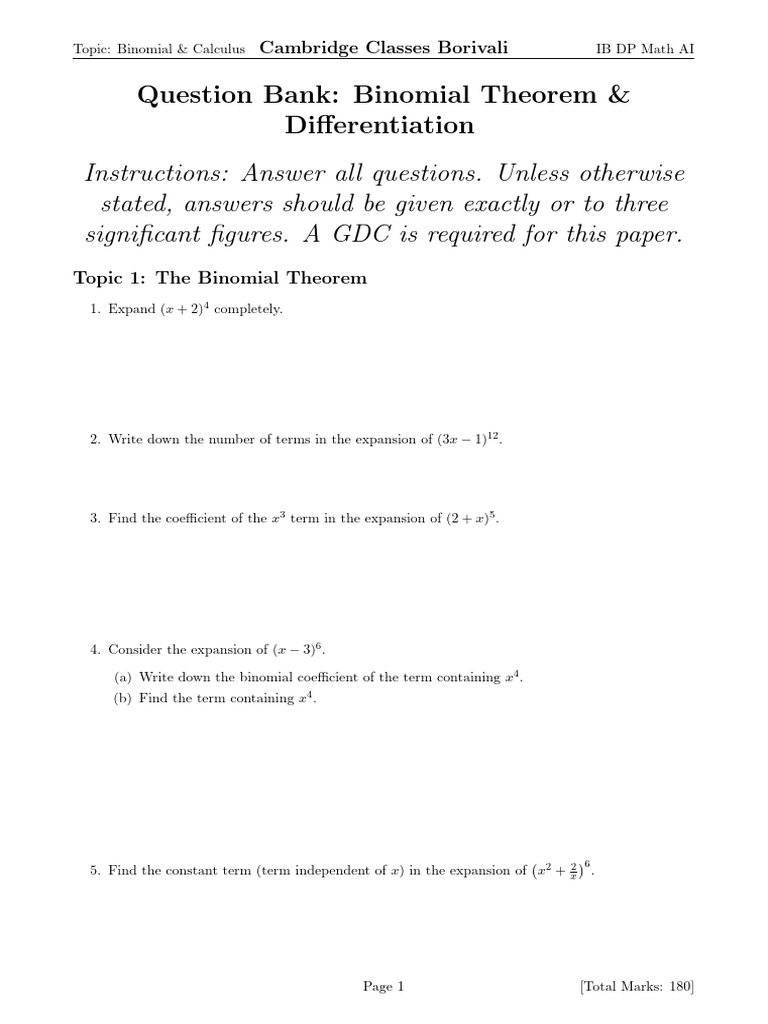 IBDP Maths SL AI Binomial Diffrentiation QP | PDF | Calculus ...