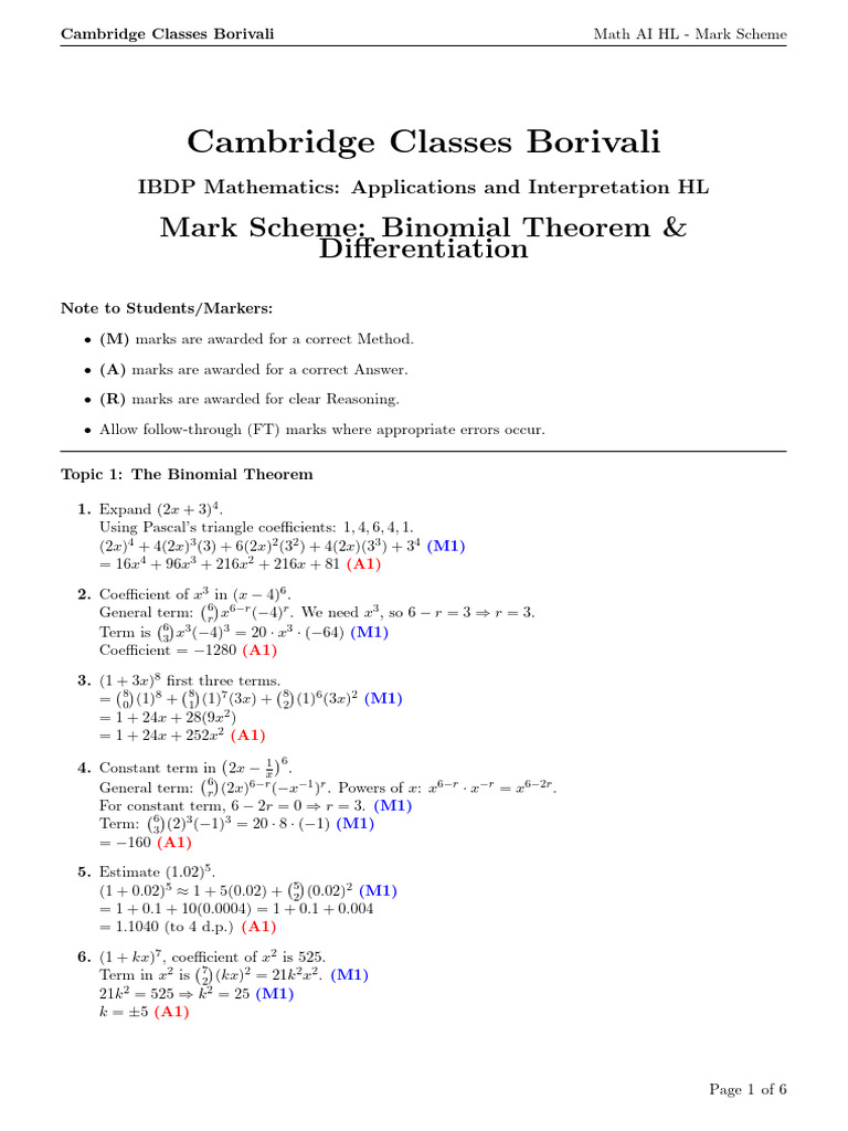 IBDP Maths HL AI Binomial Diffrentiation-Ms | PDF | Algebra | Discrete ...