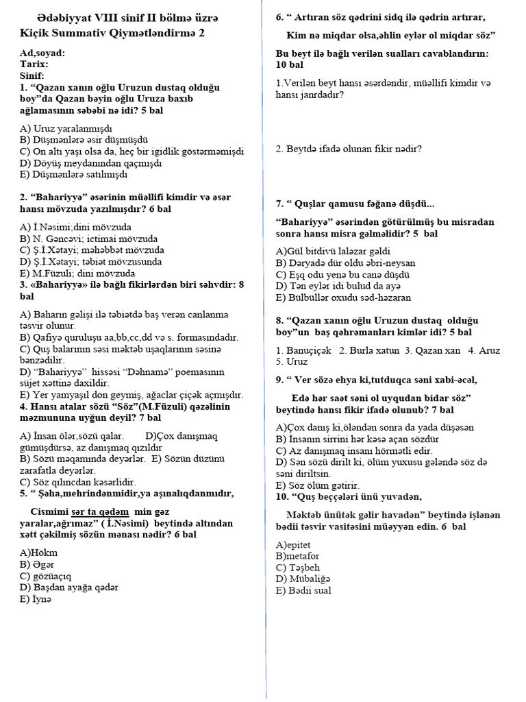 8 Cİ SİNİF KSQ 2 ƏDƏBİYYAT Aygün Məmmədova, Dadaşov Samid0518183355 | PDF