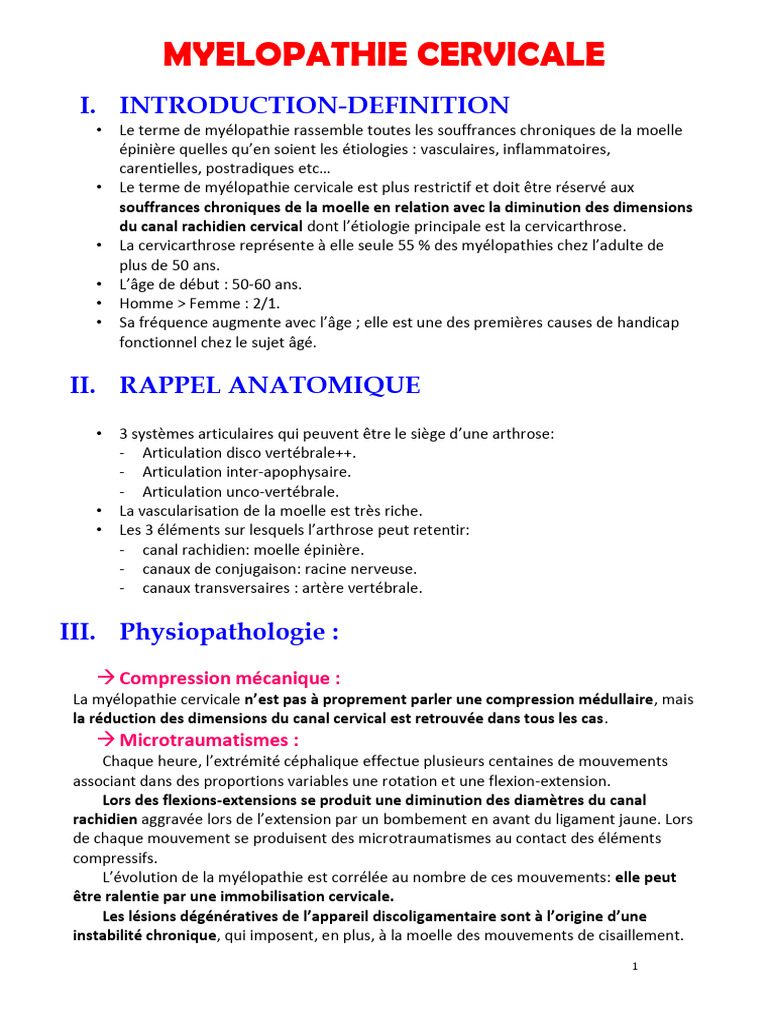 Myélopathie cervicale : causes et symptômes | PDF | Spécialités ...