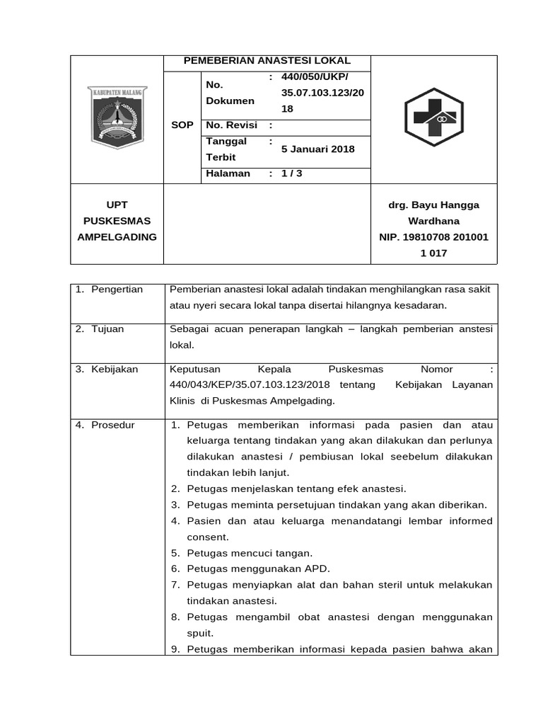 Prosedur Pemberian Anastesi Lokal | PDF