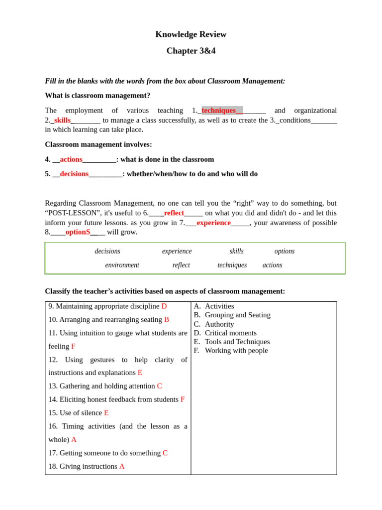 Knowledge Review Chap 3&4 | PDF | Classroom Management | Motivational