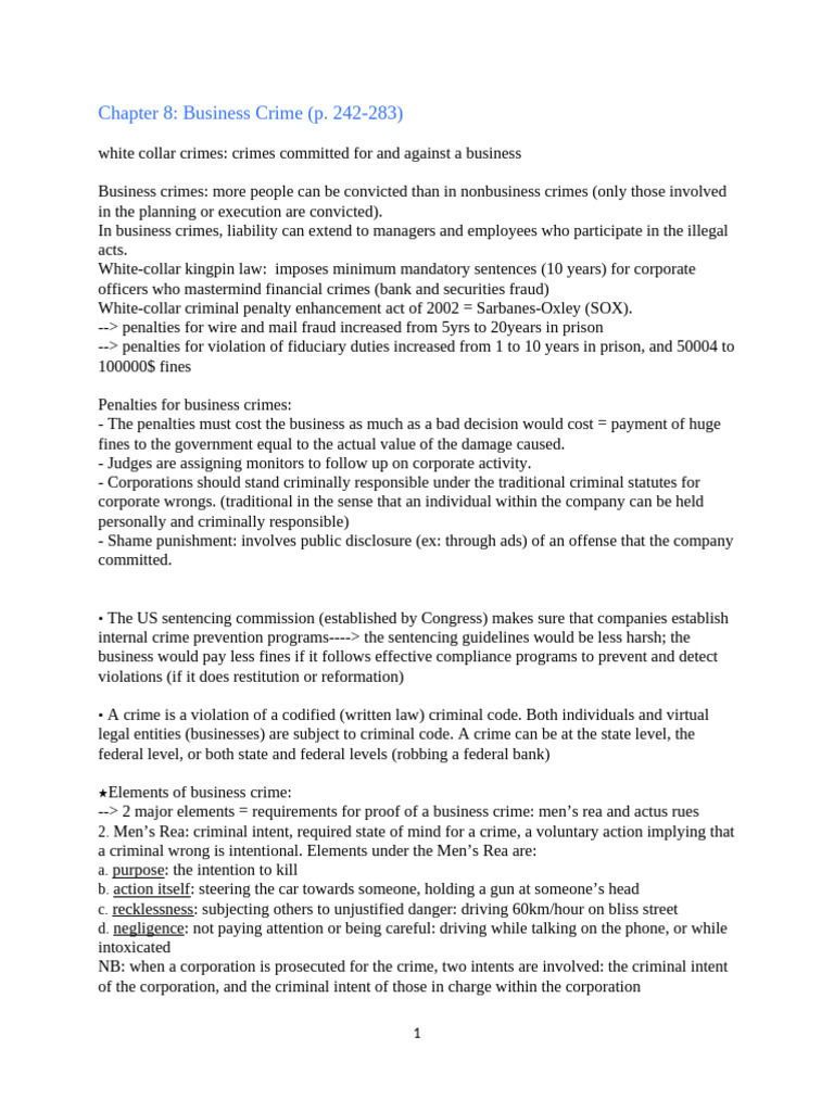 CH 8 - Business Crime - Notes | PDF | Nolo Contendere | Plea