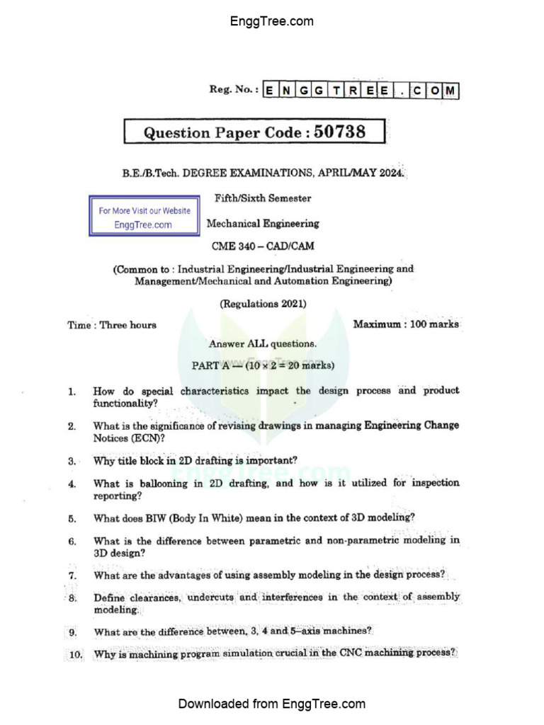 CME340 CAD CAM Apr May 2024 Question Paper Download | PDF