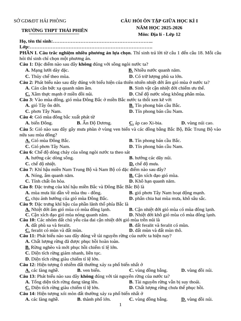 ĐÂP ÁN CÂU HỎI ÔN TẬP GIỮA KÌ 1 K12 | PDF