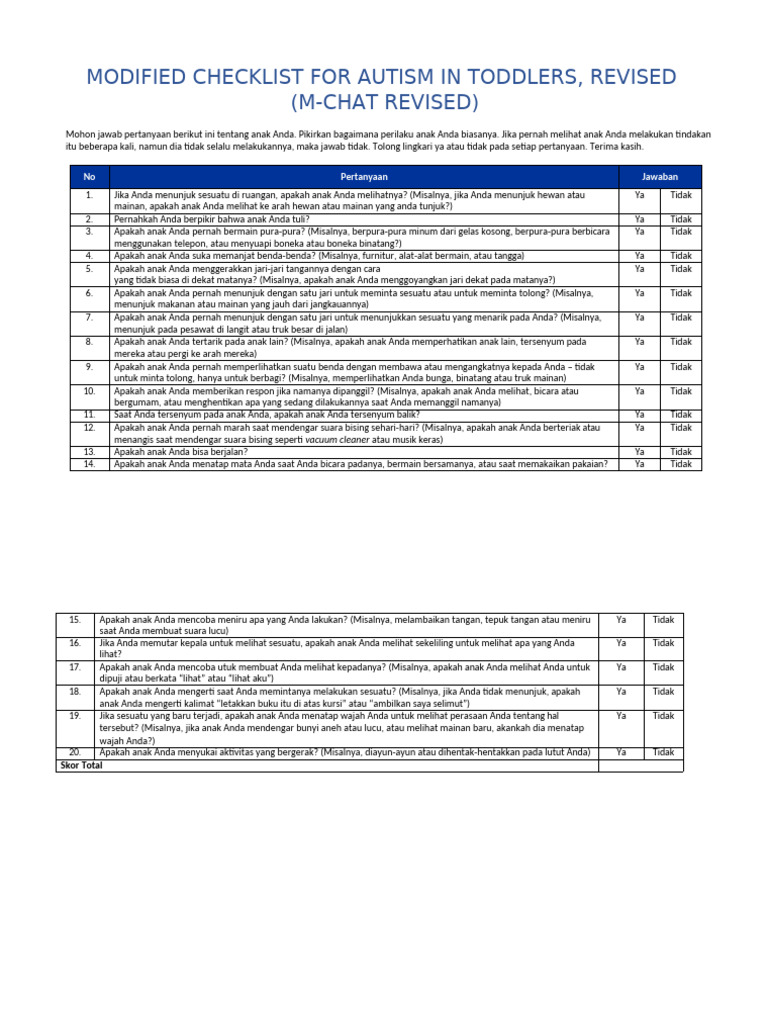 Checklist M-CHAT untuk Anak Autis | PDF