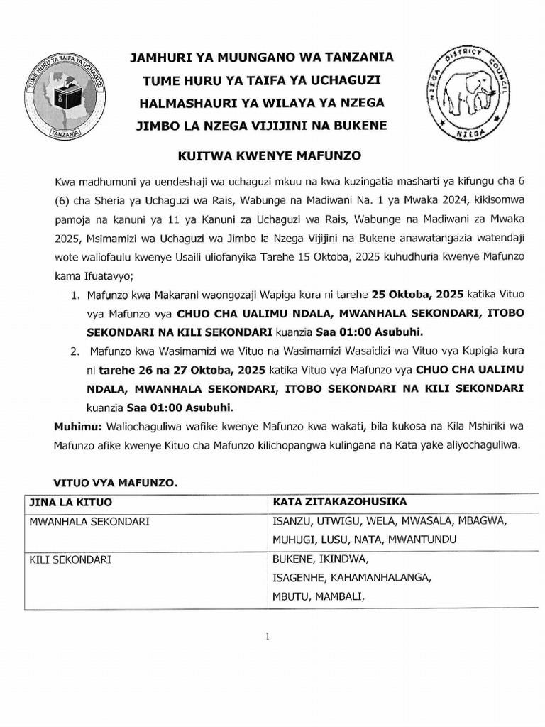 Walioitwa Kwenye Mafunzo Jimbo La Nzega Vijijini Na Bukene | PDF