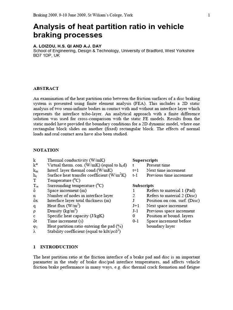 Heat Partition Ratio in Brake Systems | PDF | Friction | Heat