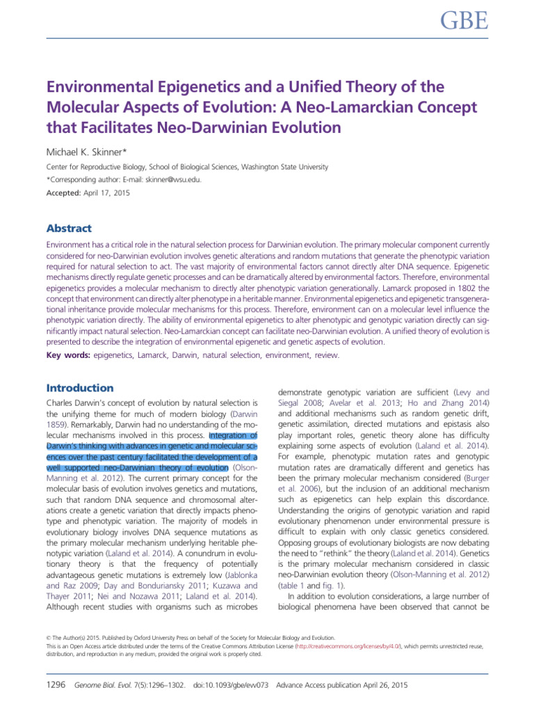 Environmental Epigenetics in Evolution | PDF | Epigenetics | Evolution