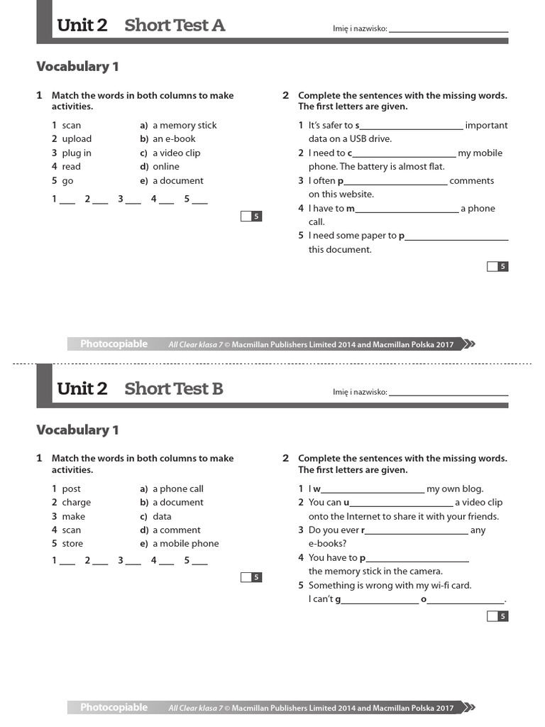 All Clear Kl7 Short Tests Unit2 | PDF | Usb Flash Drive