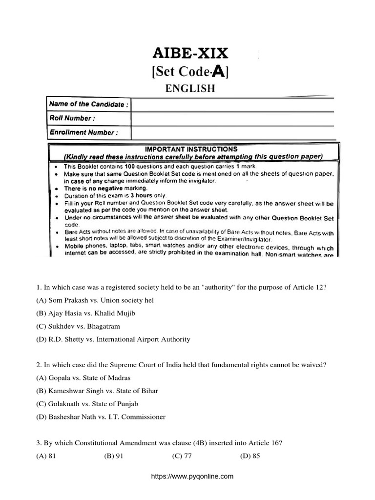 Aibe Question Paper 19 Set a English | PDF | Arbitration | Mediation