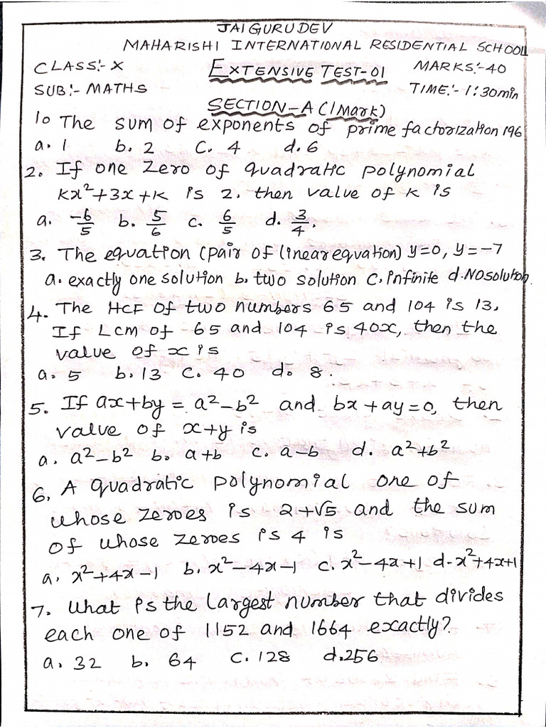 Extensive Test - 01 Class X | PDF