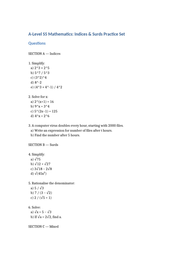 Indices and Surds Practice | PDF