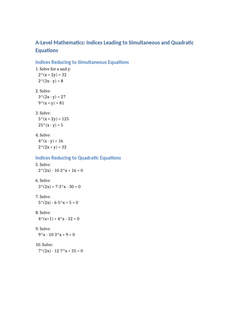 Indices Simultaneous Quadratics | PDF