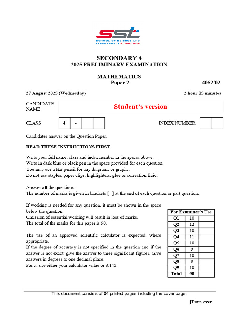 School of Science and Technology E Math Sec 4 Prelim Paper 2_ANSWERS ...