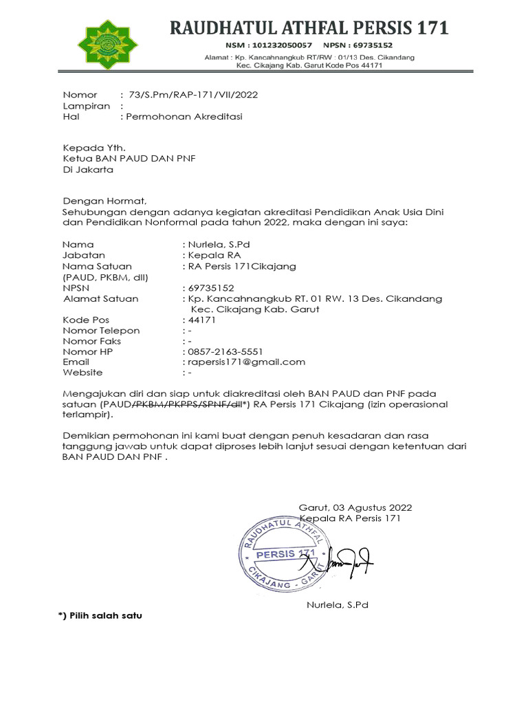 Surat Permohonan Pengajuan Akreditasi Paud RA Persis 171 2022 | PDF
