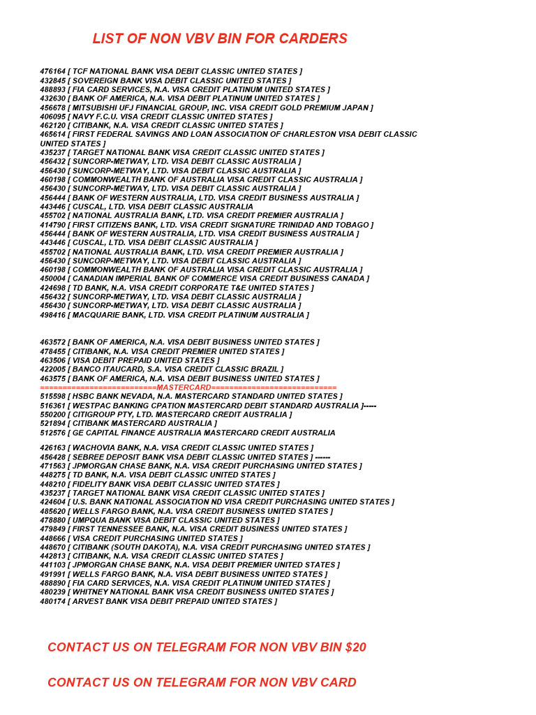 List of NON VBV BINS | SCRIDB | DEBIT CARD | VISA INC | PDF | Debit Card | Visa Inc.