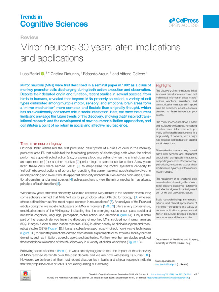 Mirror Neurons: 30 Years of Insights | PDF | Brain | Perception
