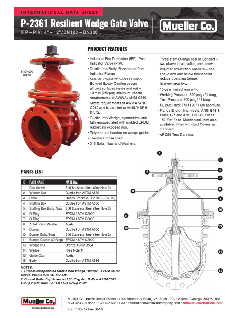P-2361 Resilient Wedge Gate Valve Specs | PDF | Screw | Valve