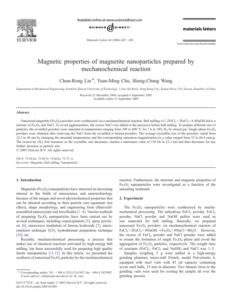 Magnetite Nanoparticles via Mechanochemical Synthesis | PDF ...