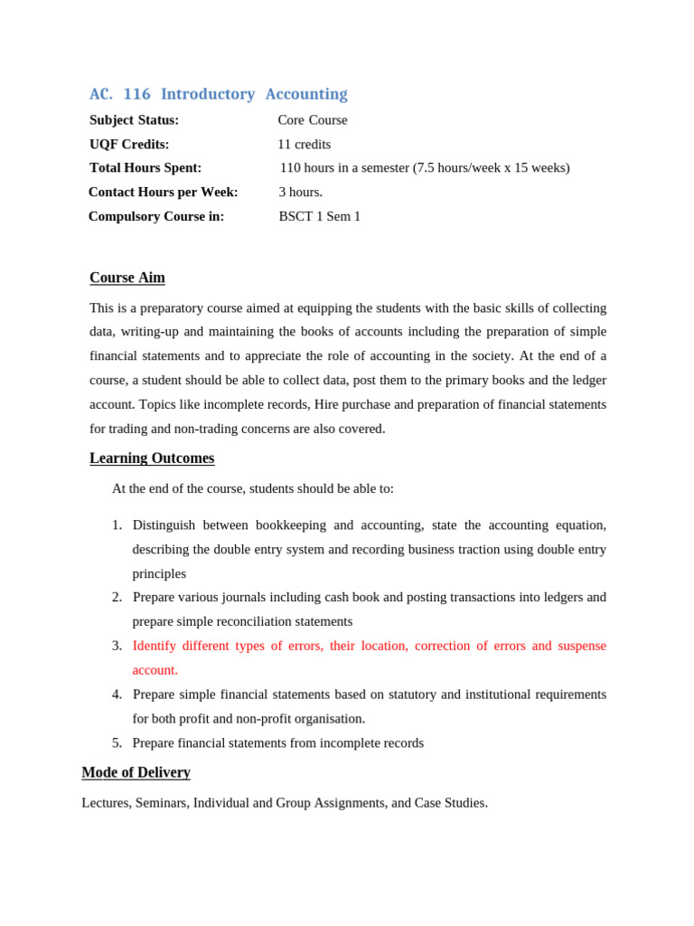 BSCT Ac 116 Course Outline (Introductory Accounting) | PDF ...