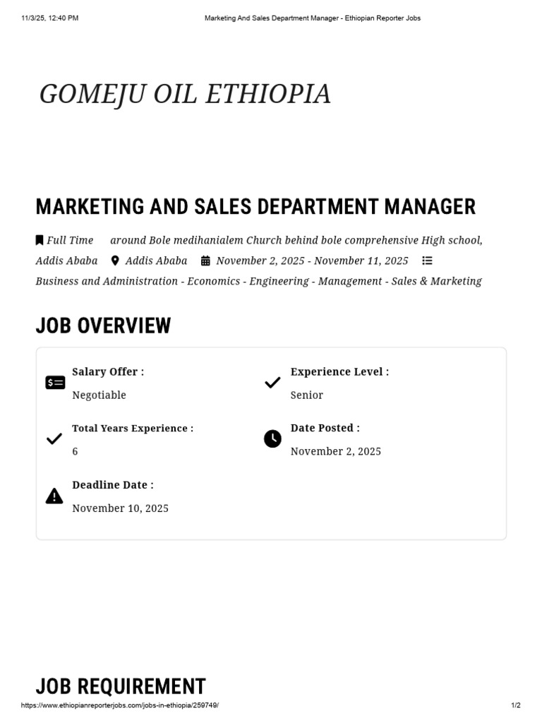 Marketing and Sales Department Manager - Ethiopian Reporter Jobs | PDF