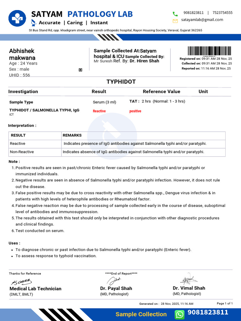 Mtyphidot Test Positive Test Normal Report Format Example Sample ...
