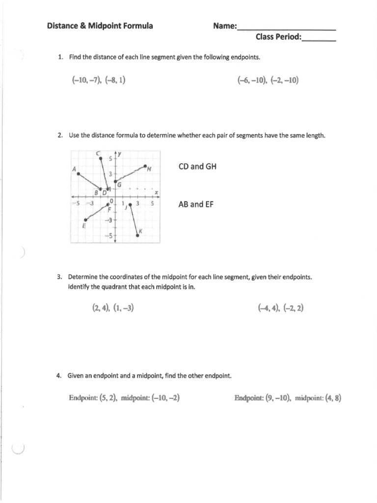 Distance and Midpoint Formula Worksheet-1 | PDF
