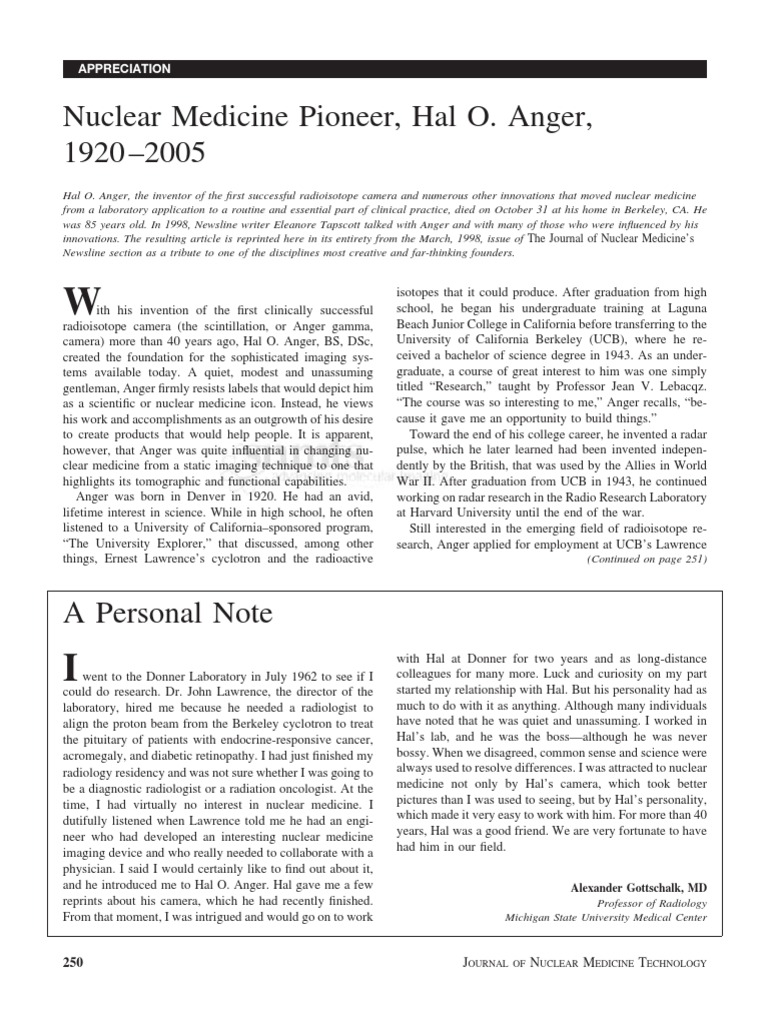 Nuclear Medicine Pioneer, Hal O. Anger, 1920 - 2005: Appreciation | PDF ...