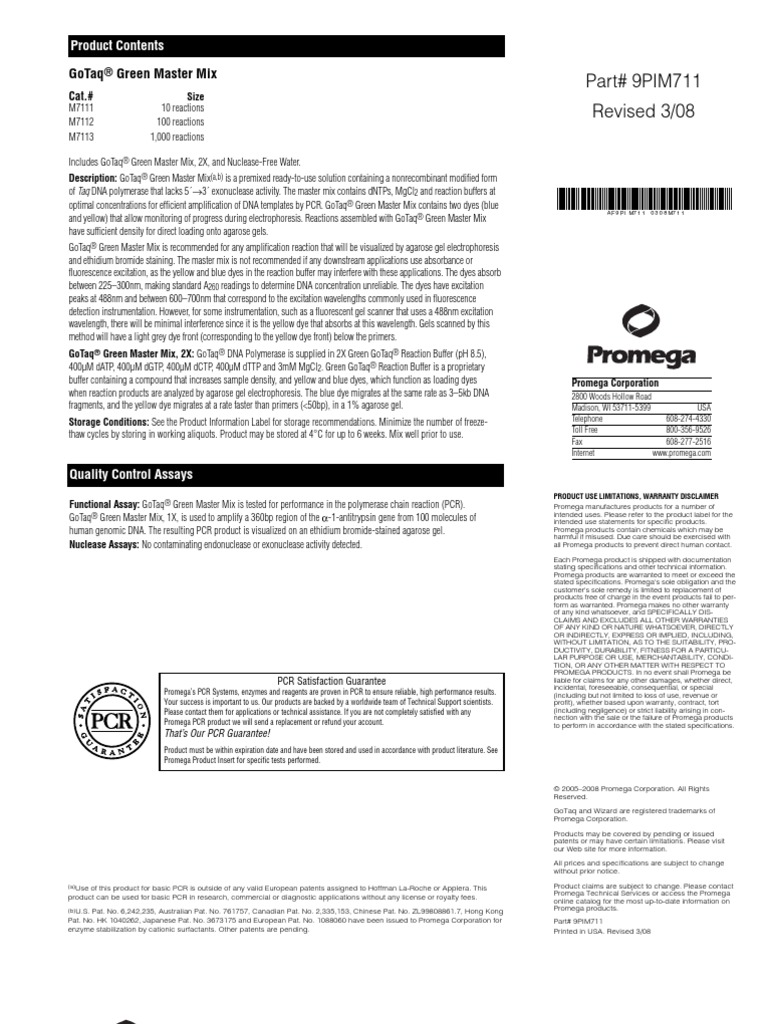 GoTaq Green Master Mix | PDF | Agarose Gel Electrophoresis | Primer ...
