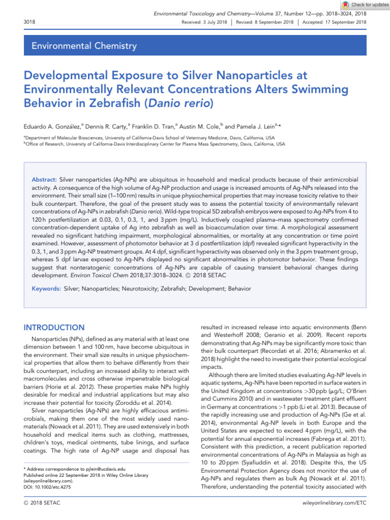 Enviro Toxic and Chemistry - 2018 - Gonz Lez - Developmental Exposure To Silver Nanoparticles at ...