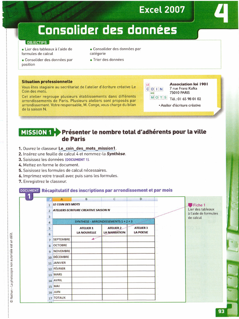 Entraînement Excel 2007 Consolider Des Données | PDF