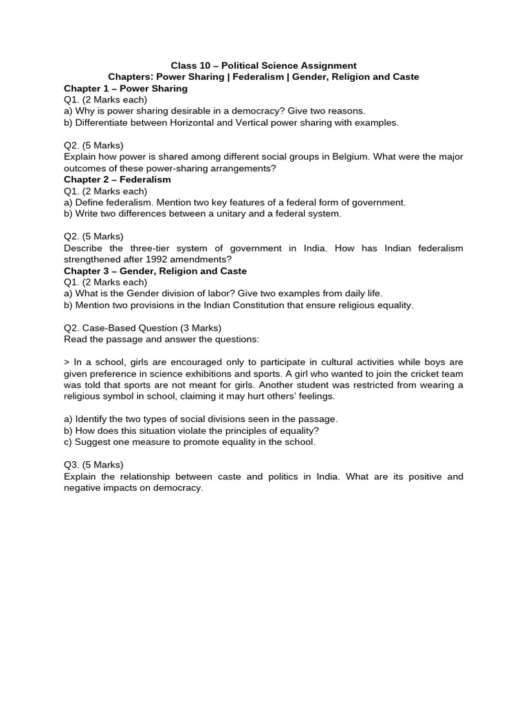 Class 10 Assignment Pol SC CH 1+2+3 | PDF