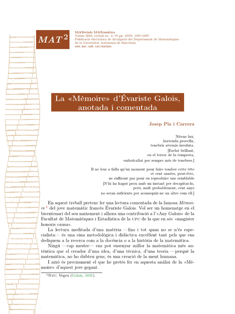 La Mémoire D'évariste Galois, Anotada I Comentada | PDF
