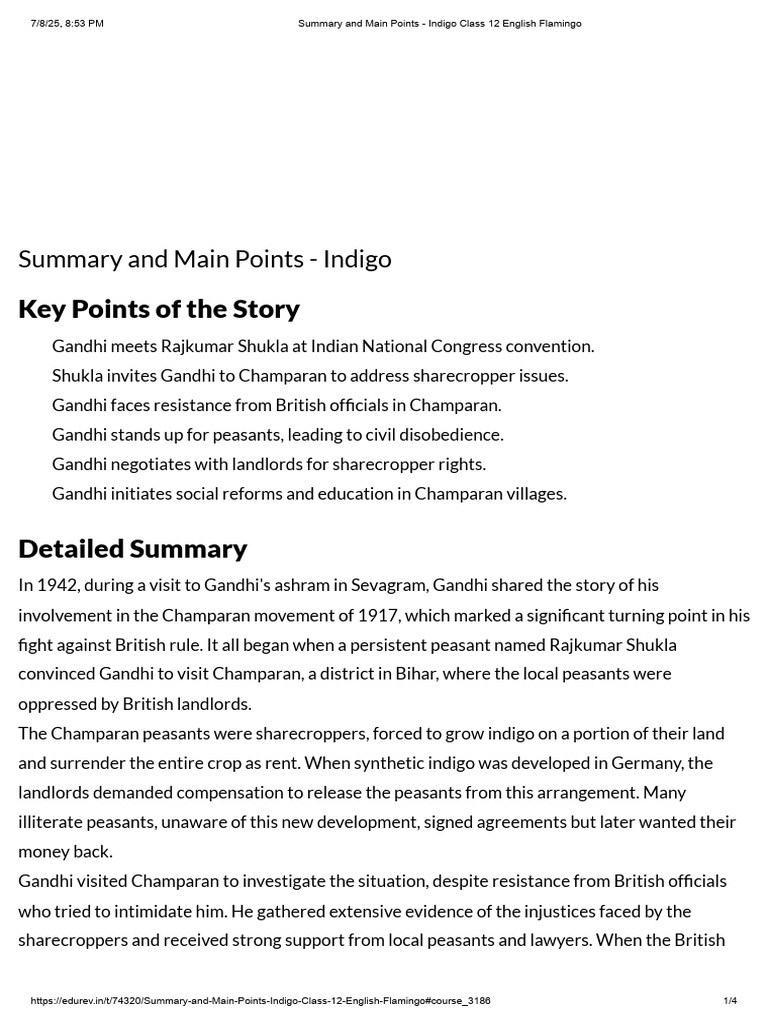 Summary and Main Points - Indigo Class 12 English Flamingo | PDF ...