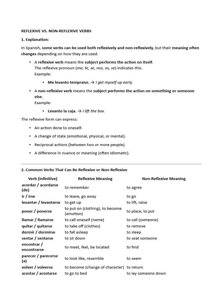 Reflexive vs Non-Reflexive Verbs in Spanish | PDF | Grammar | Semantics