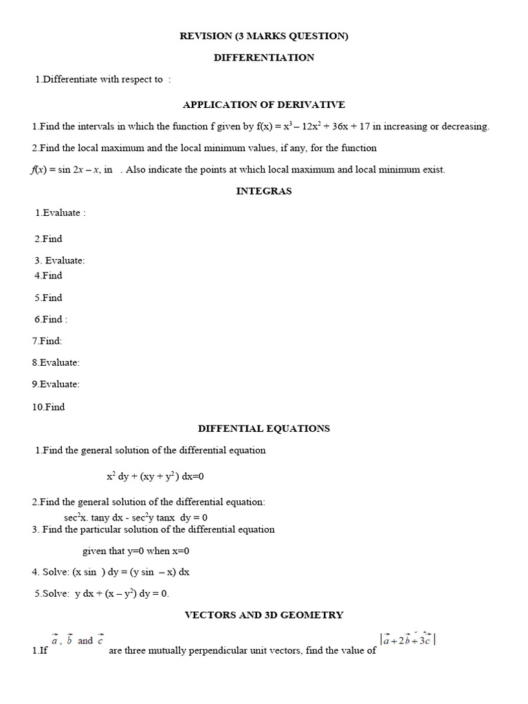 Revision (3 Marks Question) | PDF | Equations | Probability Distribution